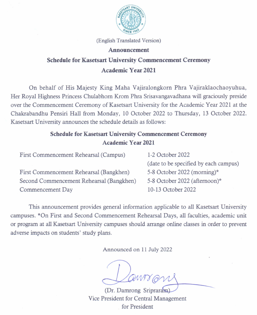 KU-KU News | Schedule for Kasetsart University Commencement Academic y...